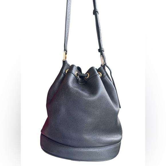 MCM | Bags | Mcm Black Leather Drawstring Bucket Bag Visetos Logo Gold ...